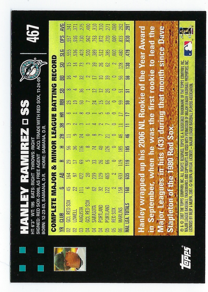 2007 Topps Hanley Ramirez Rookie Cup #467 Flordia Marlins NM Baseball ...