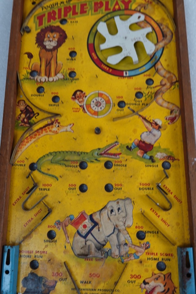 ANTIQUE MARBLE'S TABLETOP PINBALL GAME POOSH M UP TRIPLE PLAY BASEBALL ...