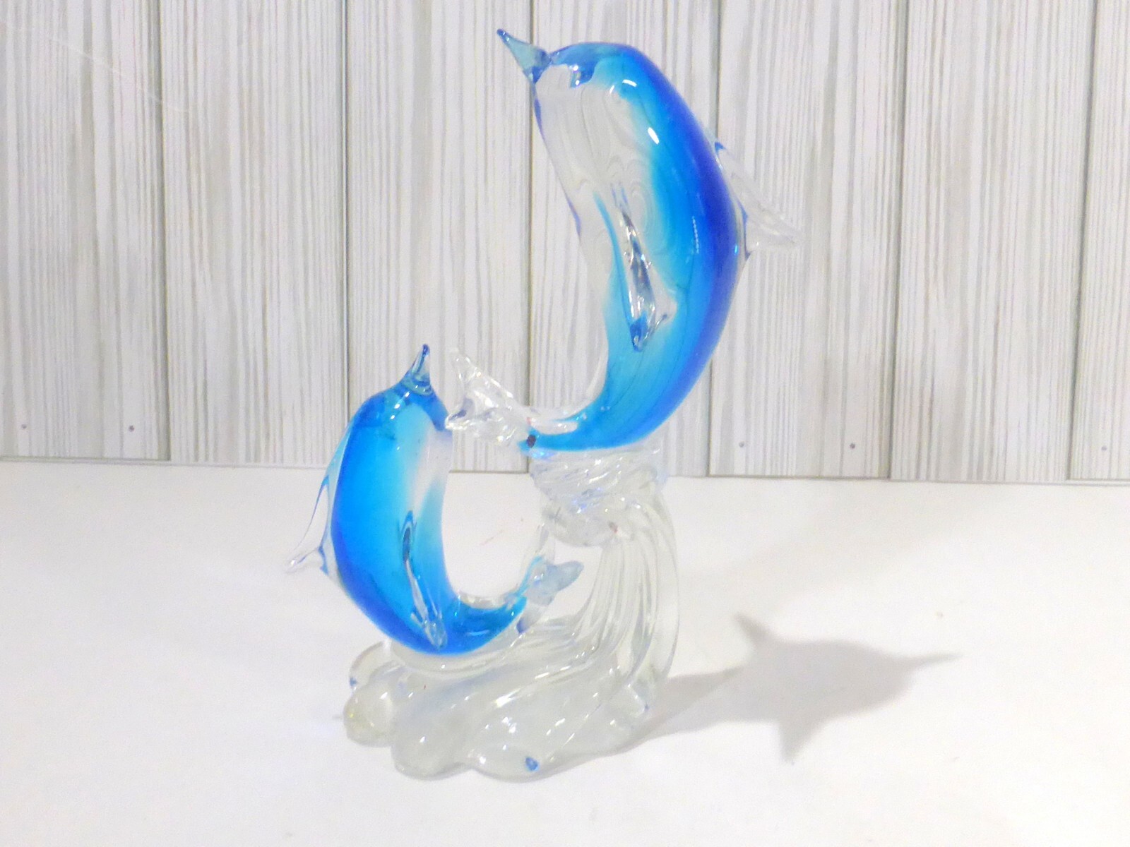 Cobalt Blue Glass Mom Dolphin & Baby Dolphin On Clear Glass Wave ...