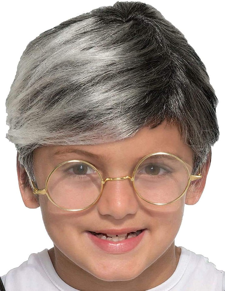 Child Old Man Wig short gray salt pepper costume center part grandpa ...