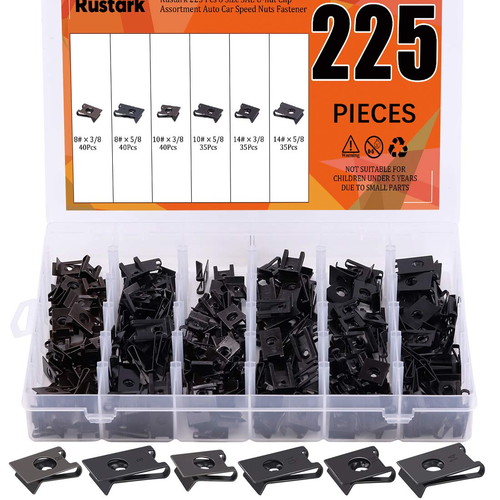 225 Pcs 6 Size SAE U-Nut Clip Assortment Auto Car Speed Nuts Fastener ...