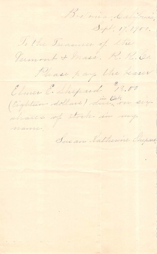 SUSAN K SHEPARD HEIRLOOM AUTOGRAPH BOSTONIA CA VT & MASS RAILROAD STOCK ...