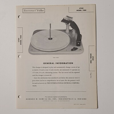 SAMS PHOTOFACT SERVICE MANUAL 27-31 UTAH RECORD PLAYER MODEL 7000 | eBay
