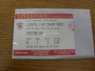 05/11/1994 Ticket: Liverpool v Nottingham Forest [Directors Box ...