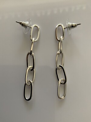 Long Link Silver Plated Pierced Earrings post Stud Bullet Disc Backing ...