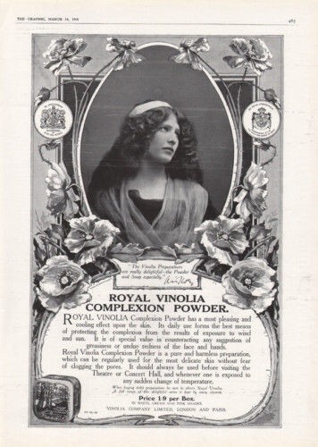 1914 ROYAL VINOLIA COMPLEXION POWDER BEAUTY ACTRESS THEATER DECOR AD ...