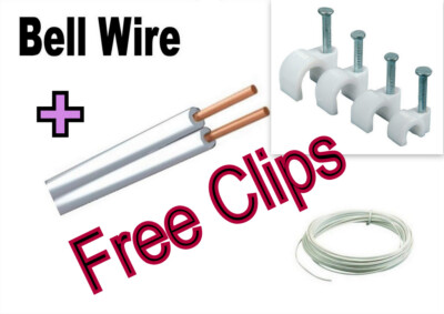 WHITE 2 CORE FLAT DOOR BELL WIRE FLEXIBLE CABLE WITH *FREE CLIPS ...