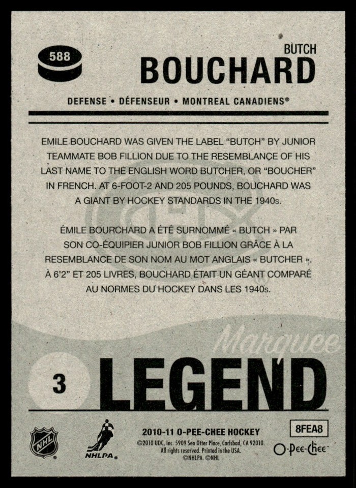 2010-11 O-Pee-Chee MARQUEE LEGEND Butch Bouchard Montreal Canadiens ...