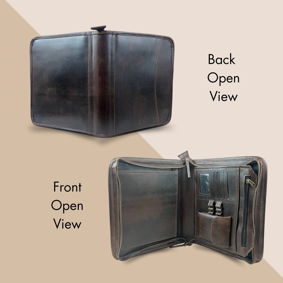 Genuine Leather Zip Folder Office Storage Portfolio Personal Organizer ...