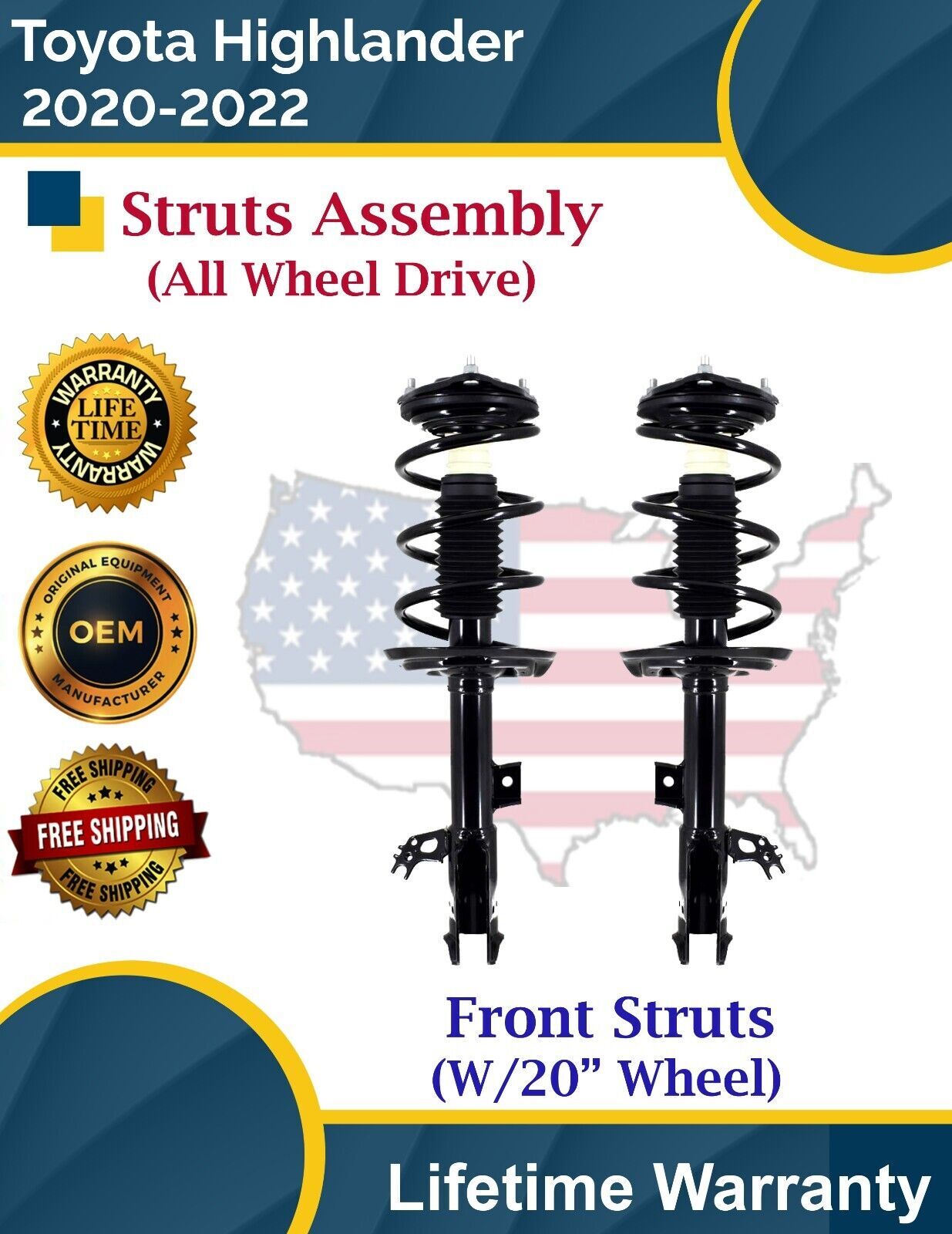 Front Struts For 2020-2022 Toyota Highlander 4X4 W/20" Wheel Lifetime ...