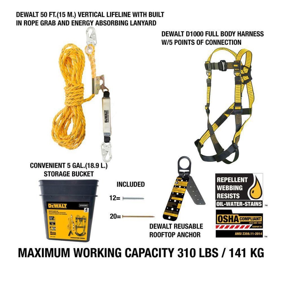 Fall Protection Safety Roofing Harness Lifeline Lanyard Combo Kit ANSI ...