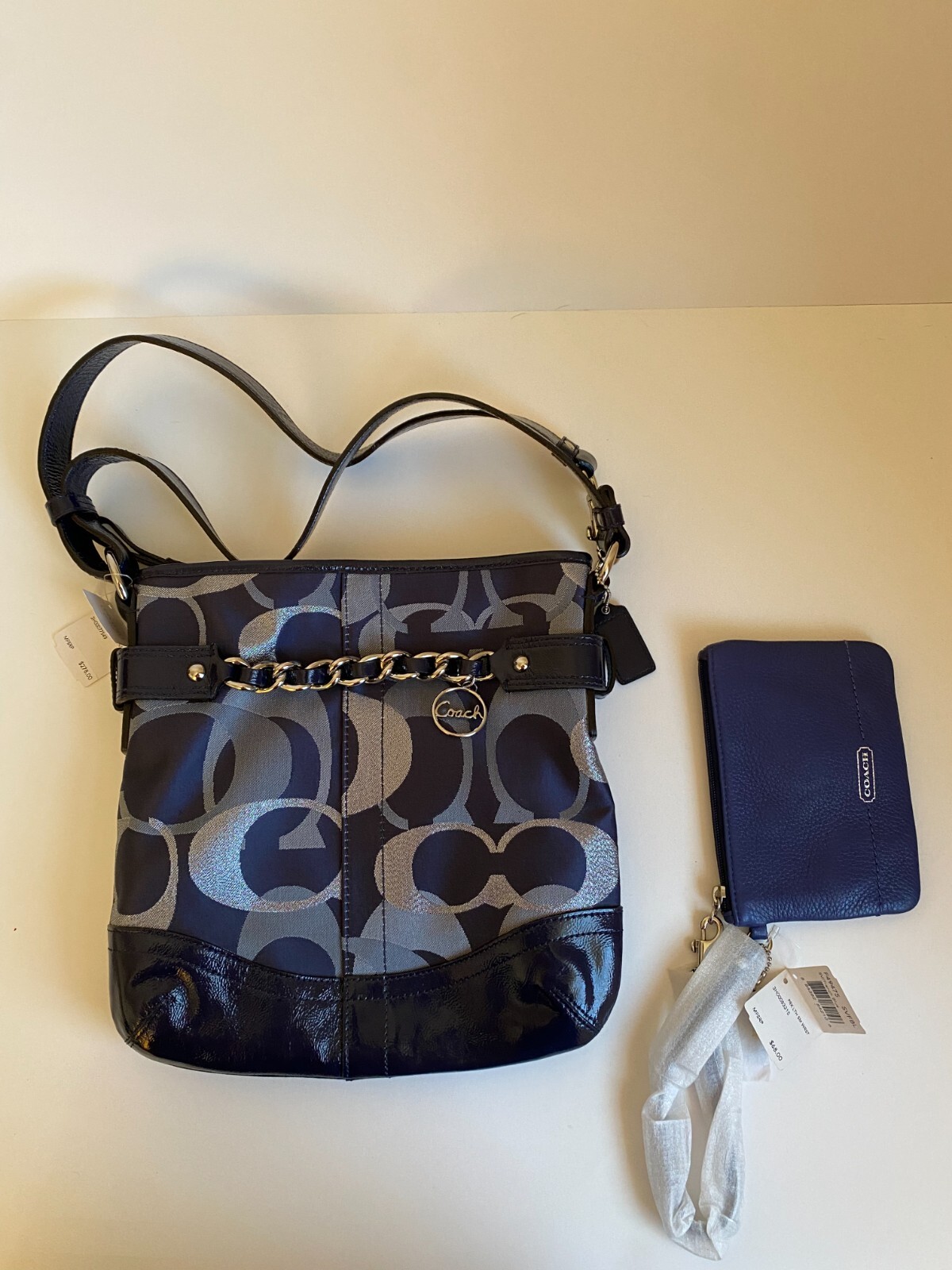 AUTHENTIC COACH Navy & Silver Crossbody F19820 w/ Wristlet | eBay