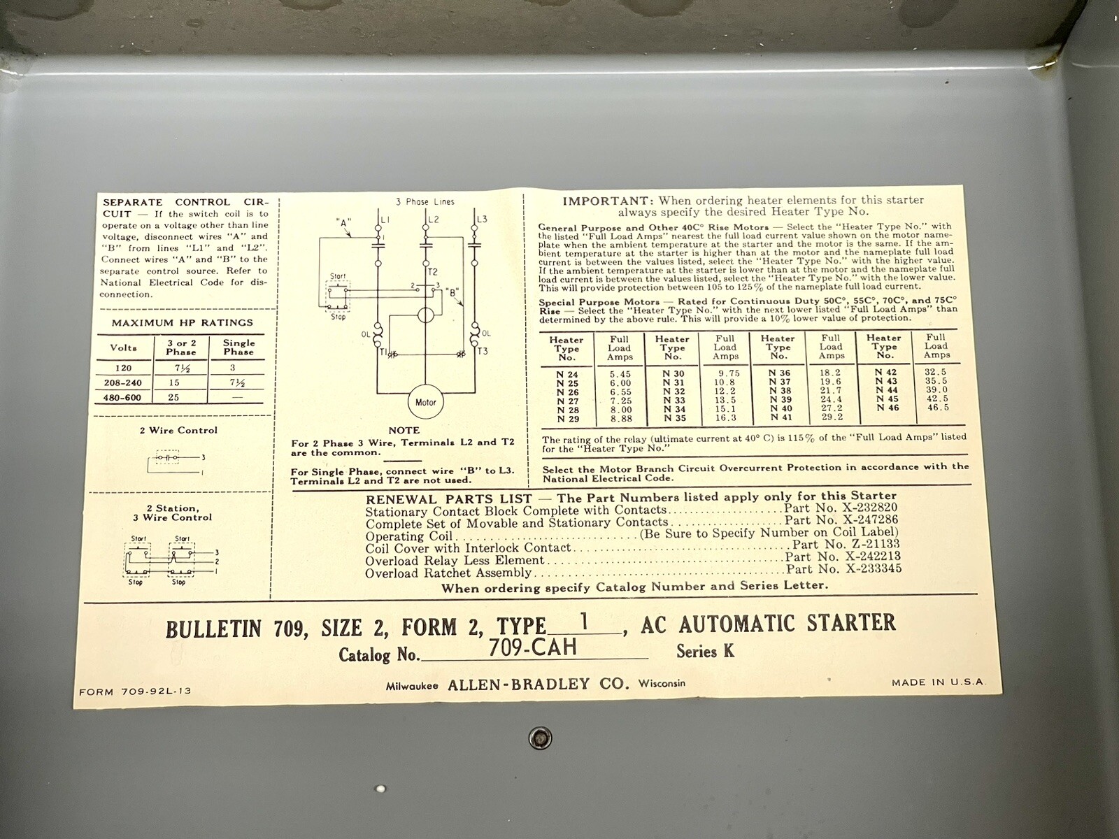 Allen-Bradley Size 2 AC Automatic Starter 709-CAH Series K 208V w ...