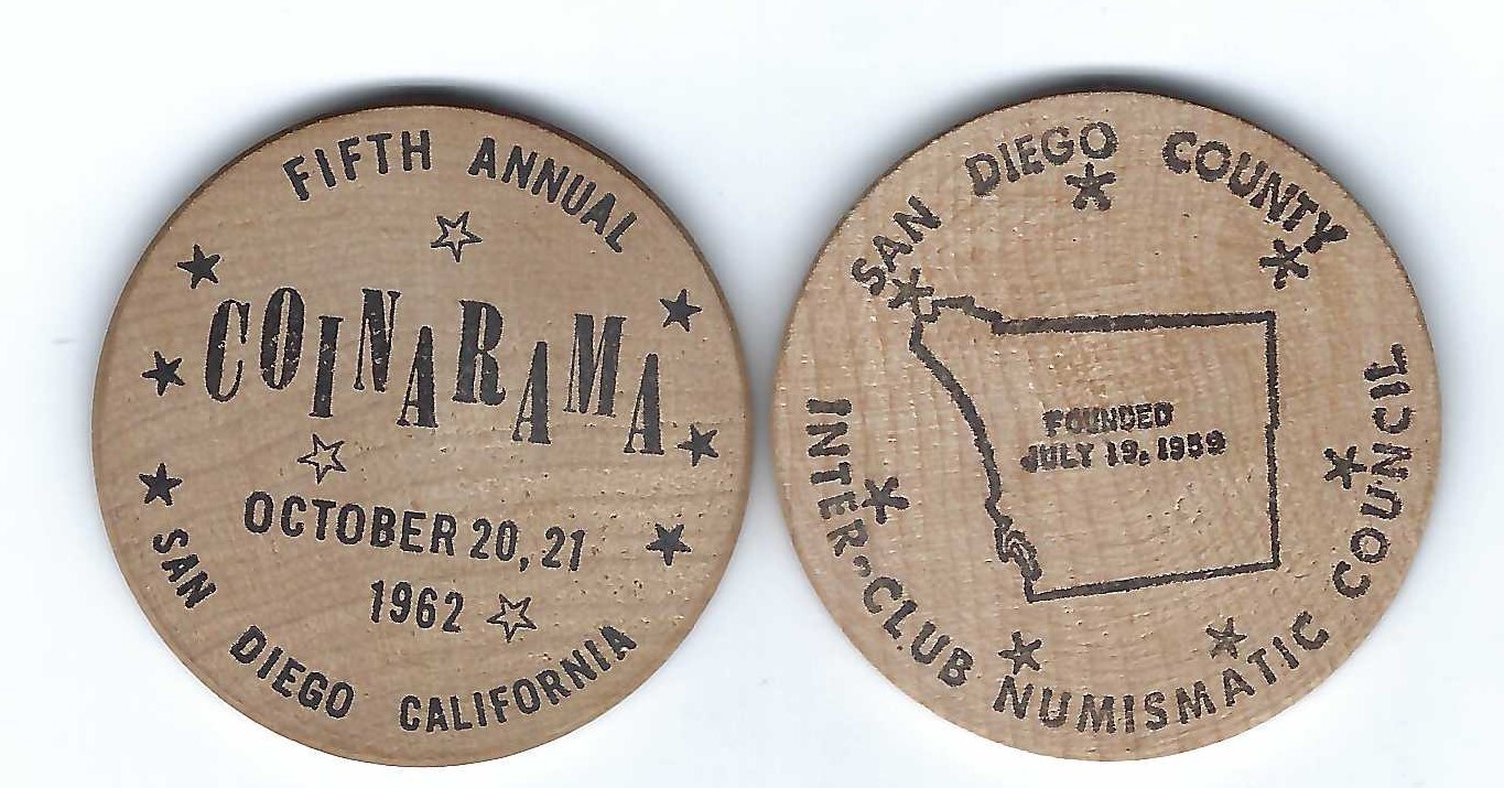 2 COINARAMA SAN DIEGO CALIFORNIA LUCKY WOODEN MORGAN DOLLAR COINS 1962 ...