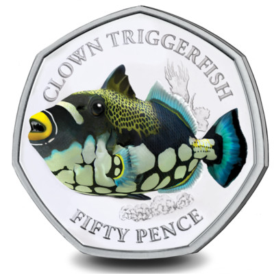 2021 Sea Creatures Clown Triggerfish Colored Proof Silver 50 Pence coin ...