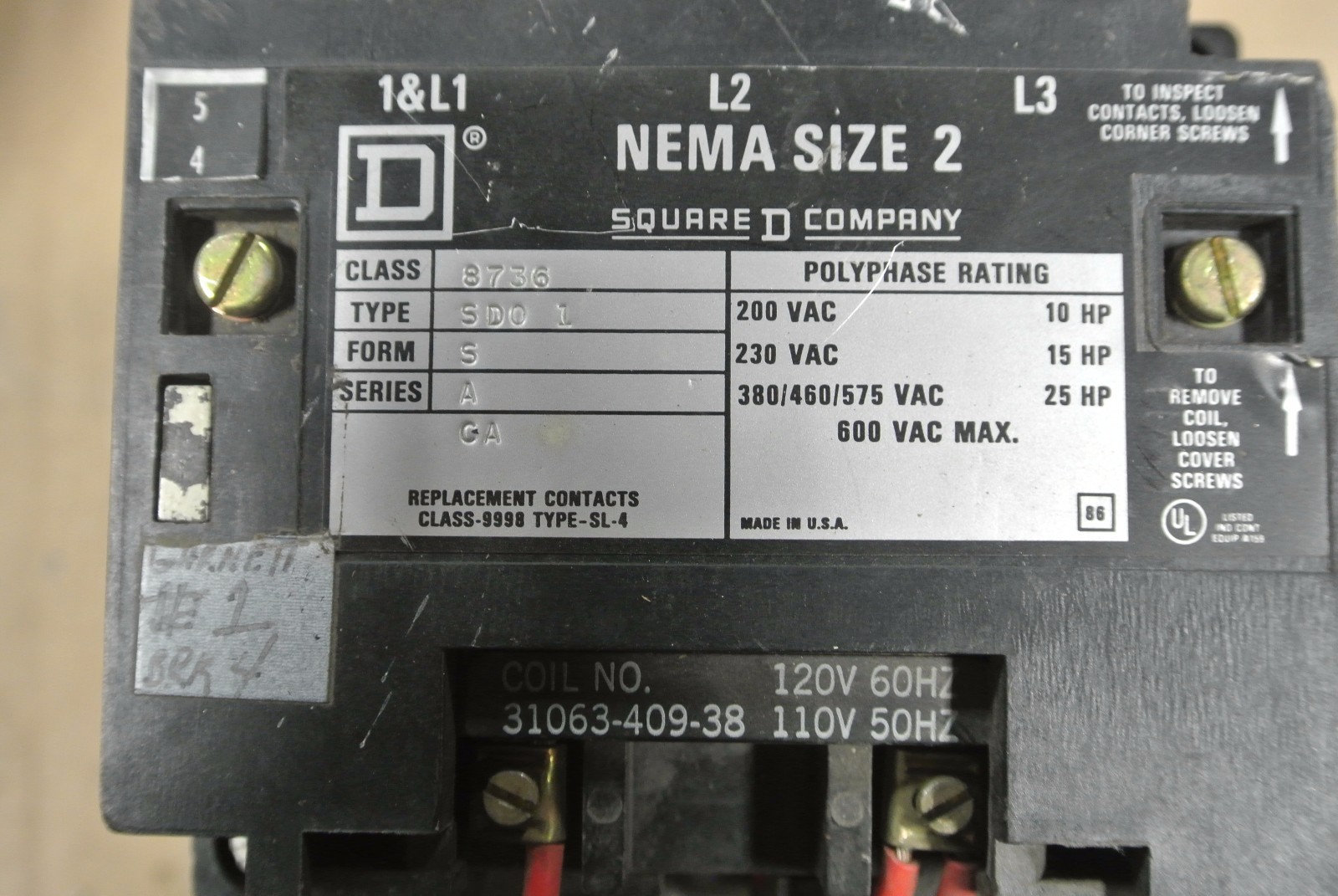 Square D Size 2 Class 8736 Reversing starter 3Ph 600V - 120V COIL ...