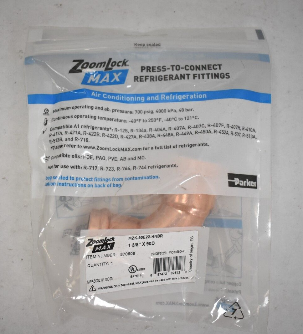 Parker ZoomLock 870608 Press to Connect Refrigerant Cooling 1 3/8" x ...
