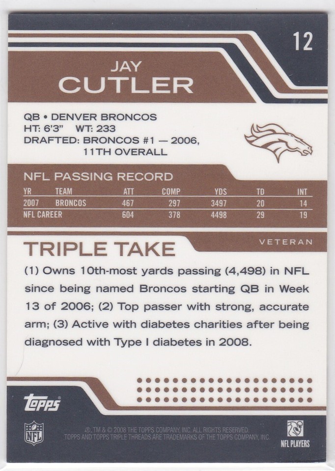 2008 Topps Triple Threads #12 Jay Cutler /249 Broncos Free Shipping! | eBay