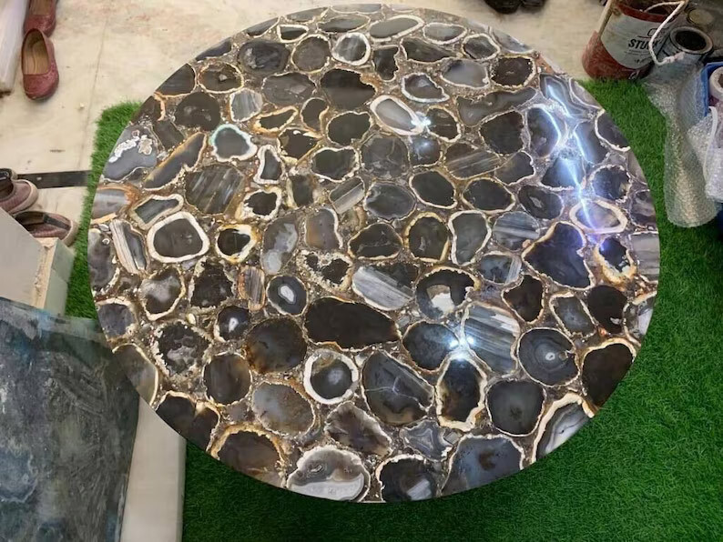 Black Wild Agate Dining Center Top, Living Room Round Agate Table Decor ...