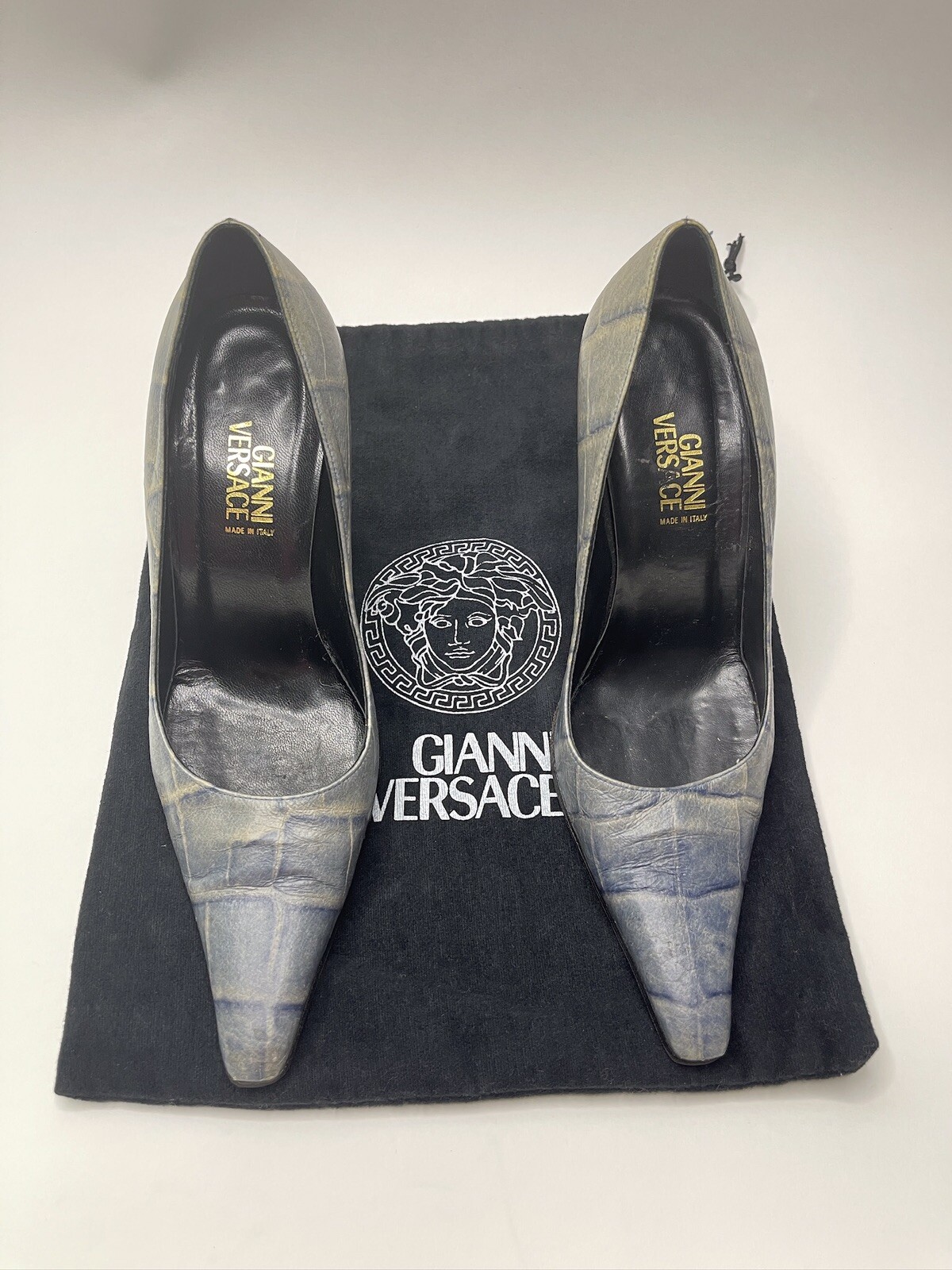 Versace Jean Blue Leather Stiletto Pumps Metal 4” Hee… - Gem