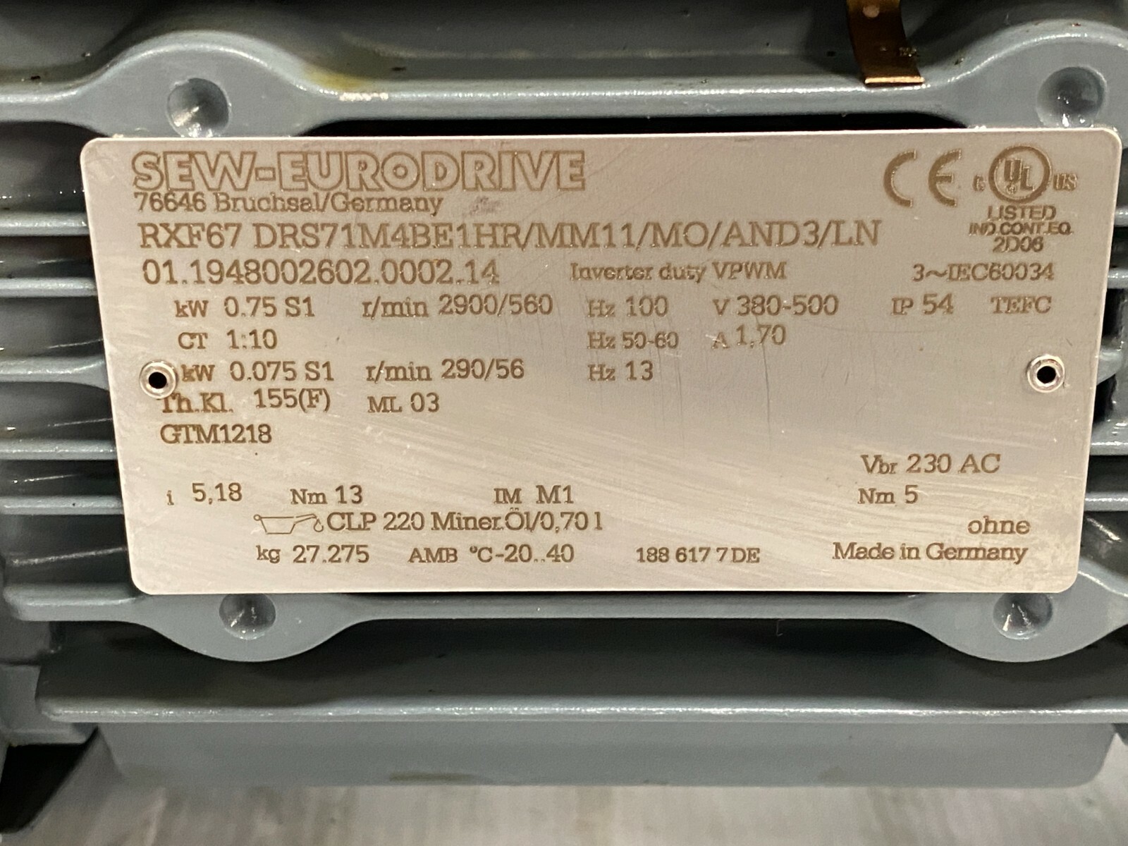 SEW EuroDrive RXF67 DRS71M4BE1HR/MM11/MO/AND3/LN Gear & Motor 3ph ...