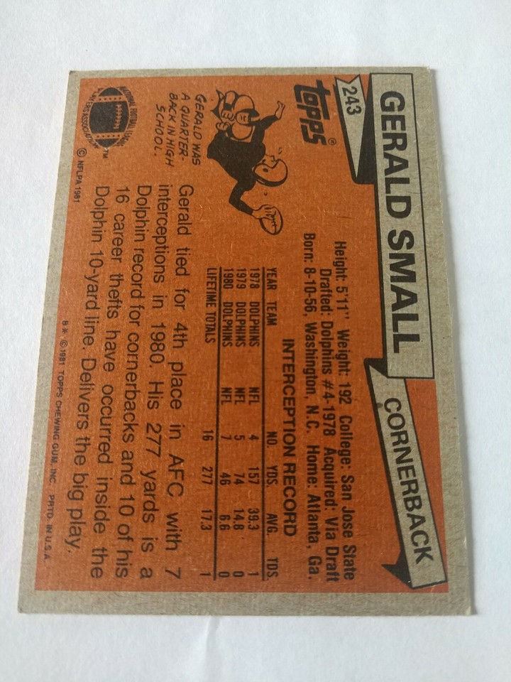 1981 Topps GERALD SMALL #243 Miami Dolphins San Jose State Spartans | eBay