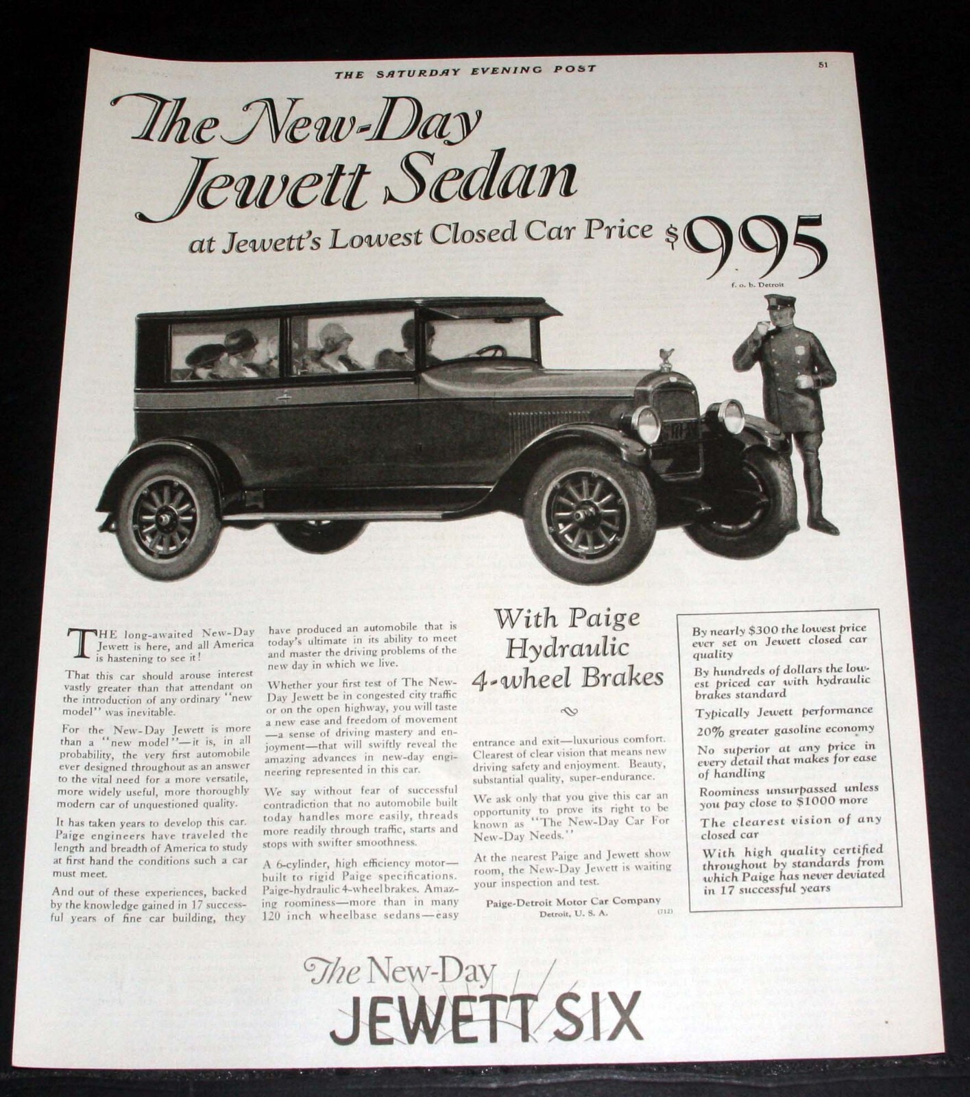 1925 OLD MAGAZINE PRINT AD, THE NEW-DAY JEWETT SIX TOURING, CLOSED CAR ...