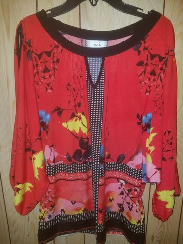Eci New York Women's Shirt Small Red & Black 3/4 Sleeve Colorful Blouse ...