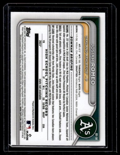 JOSIAH ROMEO 2024 BOWMAN CHROME DRAFT SAPPHIRE #BDC-184 | eBay