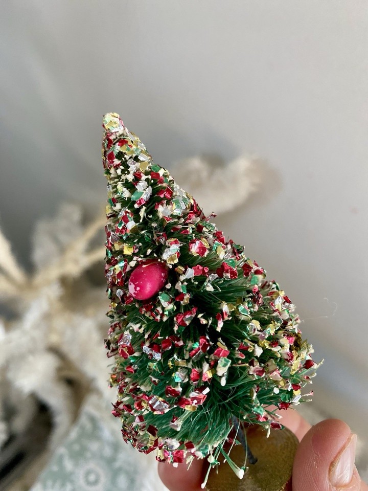 Vintage SMALL 4" Green Bottle Brush Tree with Chunky Glitter Fruit ...