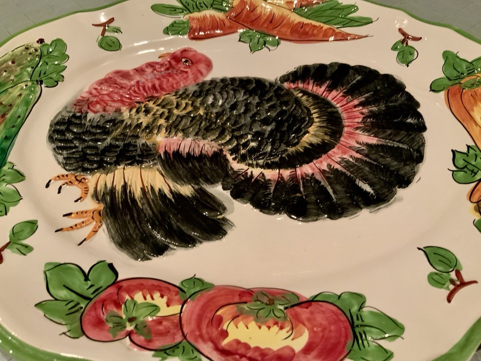 Vin HUGE Hand painted Turkey Thanksgiving Platter ITALY Wall Hanger 20 ...