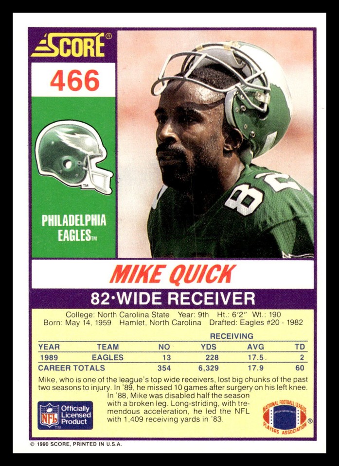1990 Score #466 Mike Quick Philadelphia Eagles Football Card NM | eBay