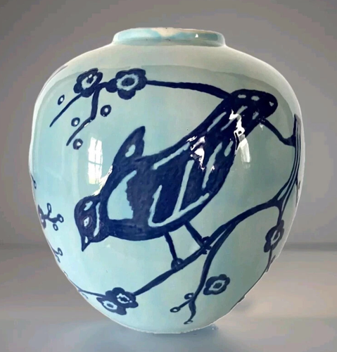 Vintage Light Blue Ceramic Vase with Dark Blue Bird and Flowers 8-1/2 ...