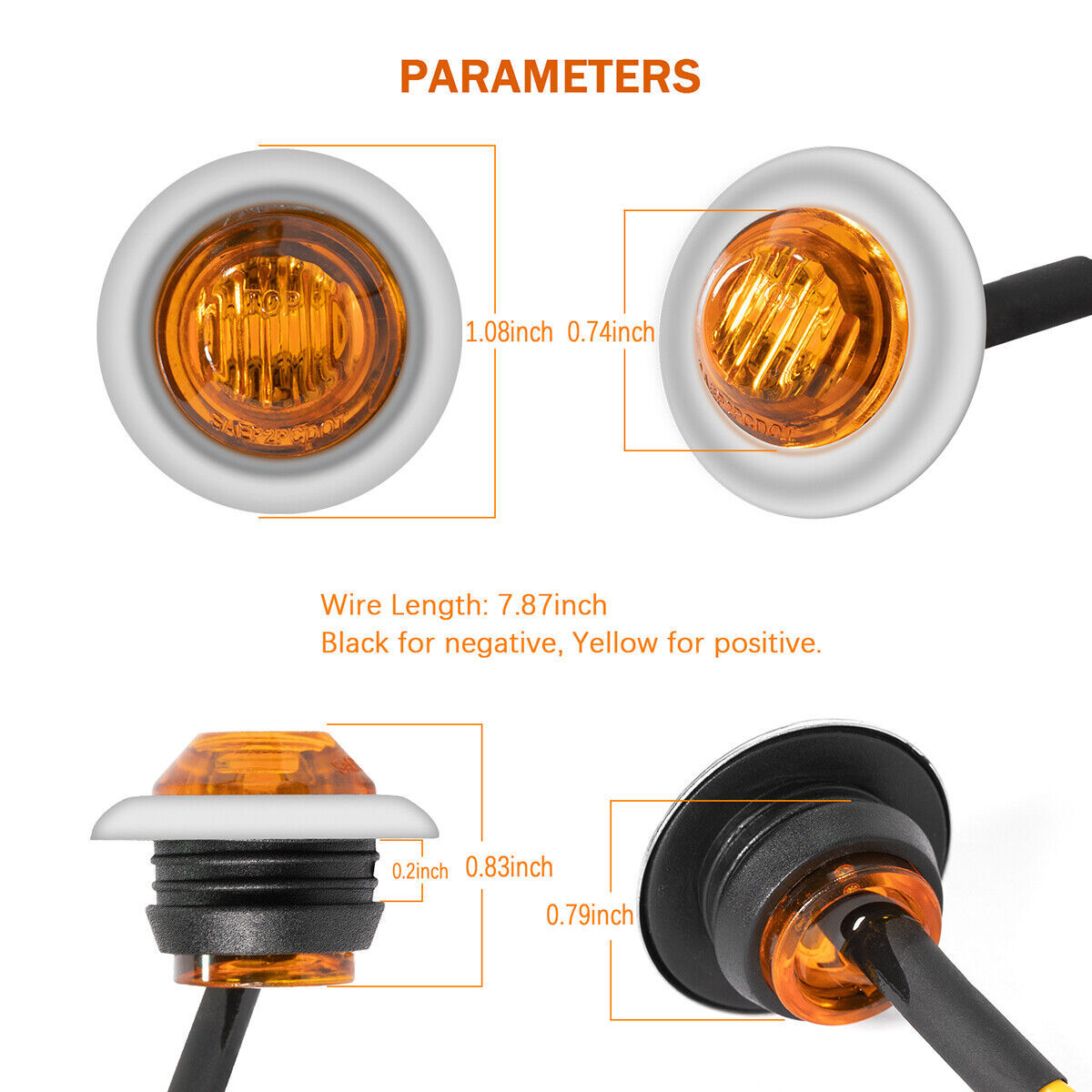 Round 3/4'' LED Side Marker Lights Car Truck Trailer Amber Stainless ...