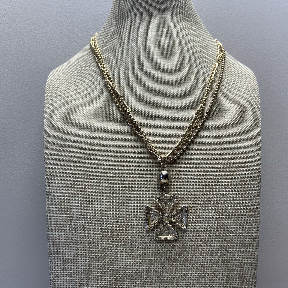 Vintage layered chains Maltese cross necklace in gold tone metal | eBay