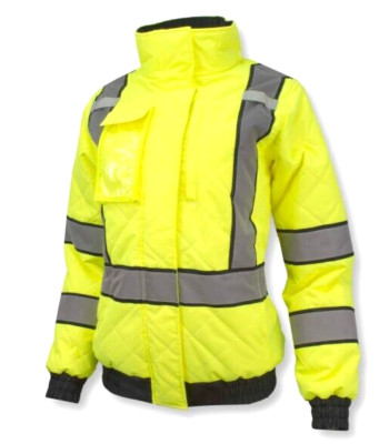 Womens Hi-Vis Class 3 Diamond Quilted Fleece Lined Bomber Jacket W/Hood ...