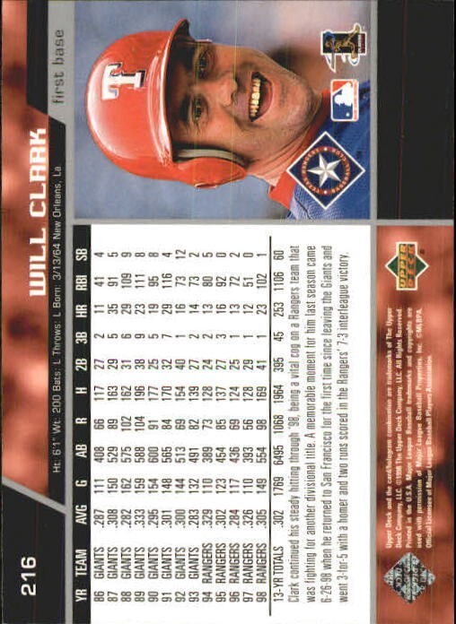 1999 Upper Deck - #216 Will Clark for sale online | eBay