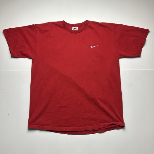Vintage Nike Red T-Shirt White Tag 90s Made in USA Mini Swoosh Logo Sz ...