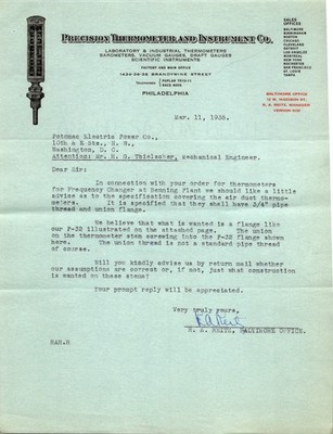 Precision Thermometer & Instrument Co Letter 1935 Philadelphia ...