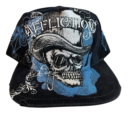 Affliction SnapBack Cap Hat Men’s Black Skull Embroidered Leather Y2K ...
