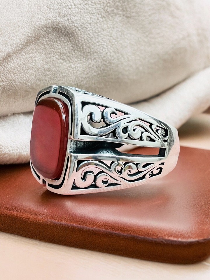 Solid 925 Sterling Silver square deign Ring With Natural Red Agate Ring | eBay