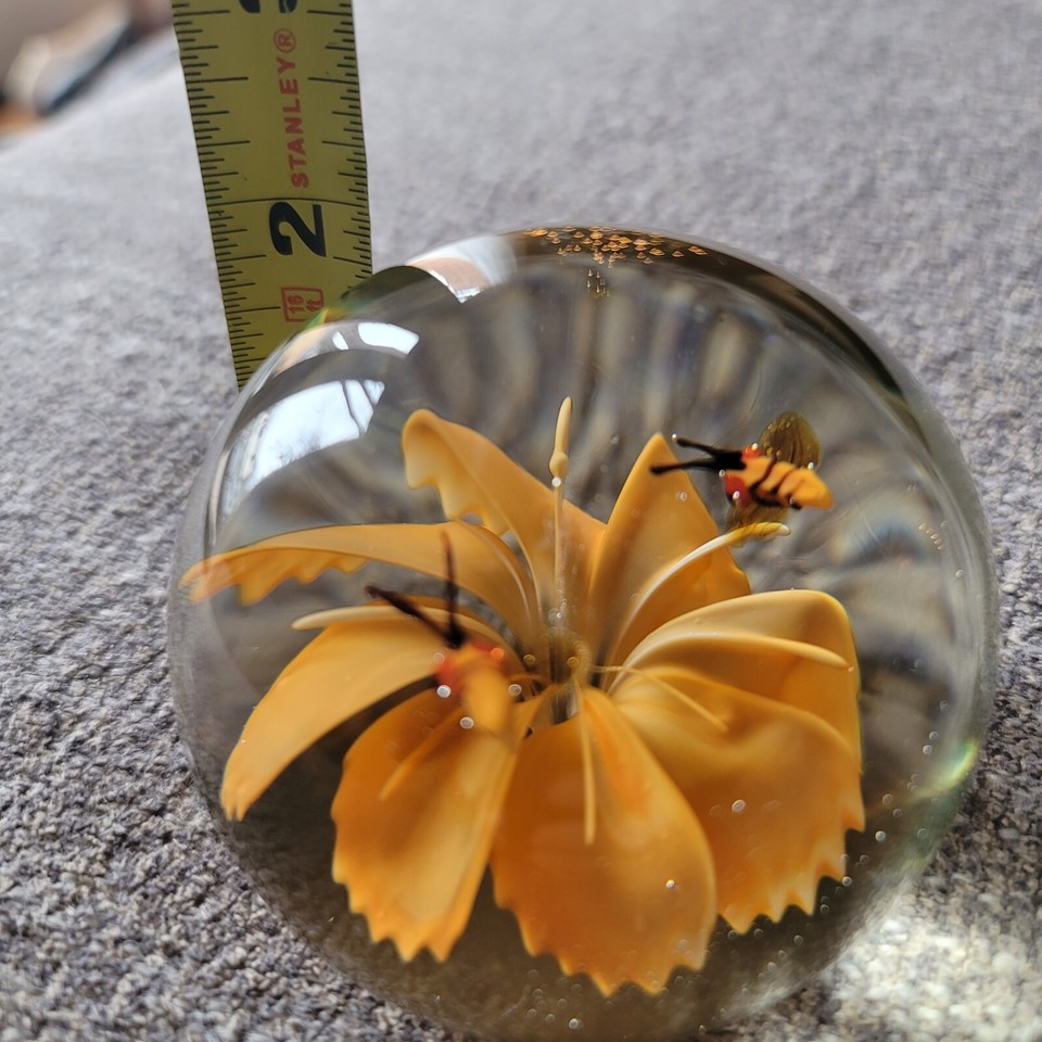 Vintage Glass Paperweight Orange Flower Blossom Bumble Bee Clear Blown ...