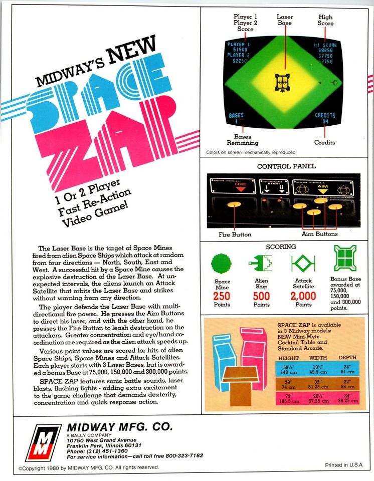 Space Zap Arcade Game FLYER Original 1980 Retro Video Game Alien Ship ...