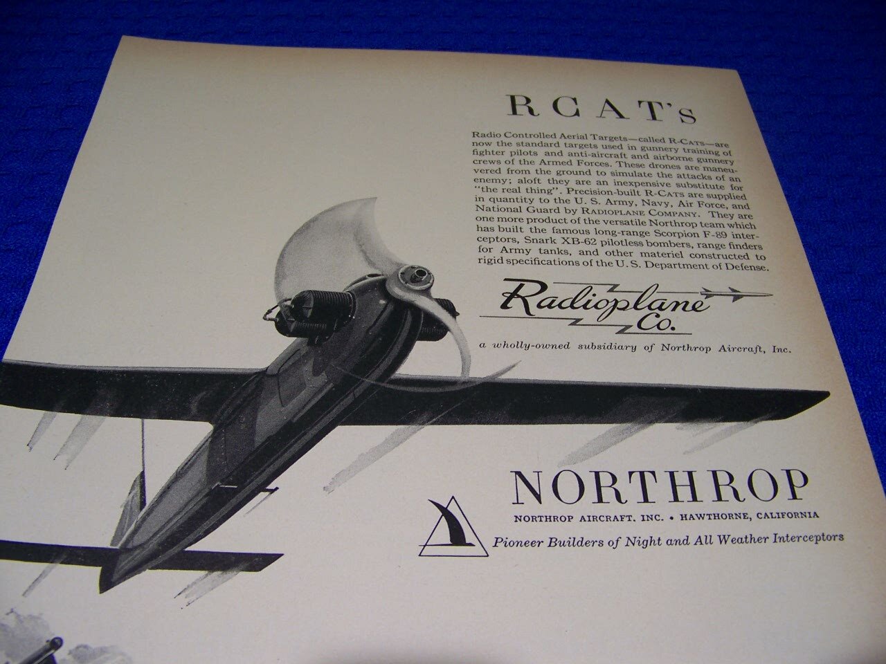 1954 NORTHROP RADIOPLANE CO. "RCAT'S.." 1-PAGE ORIGINAL SALES AD (37GG ...