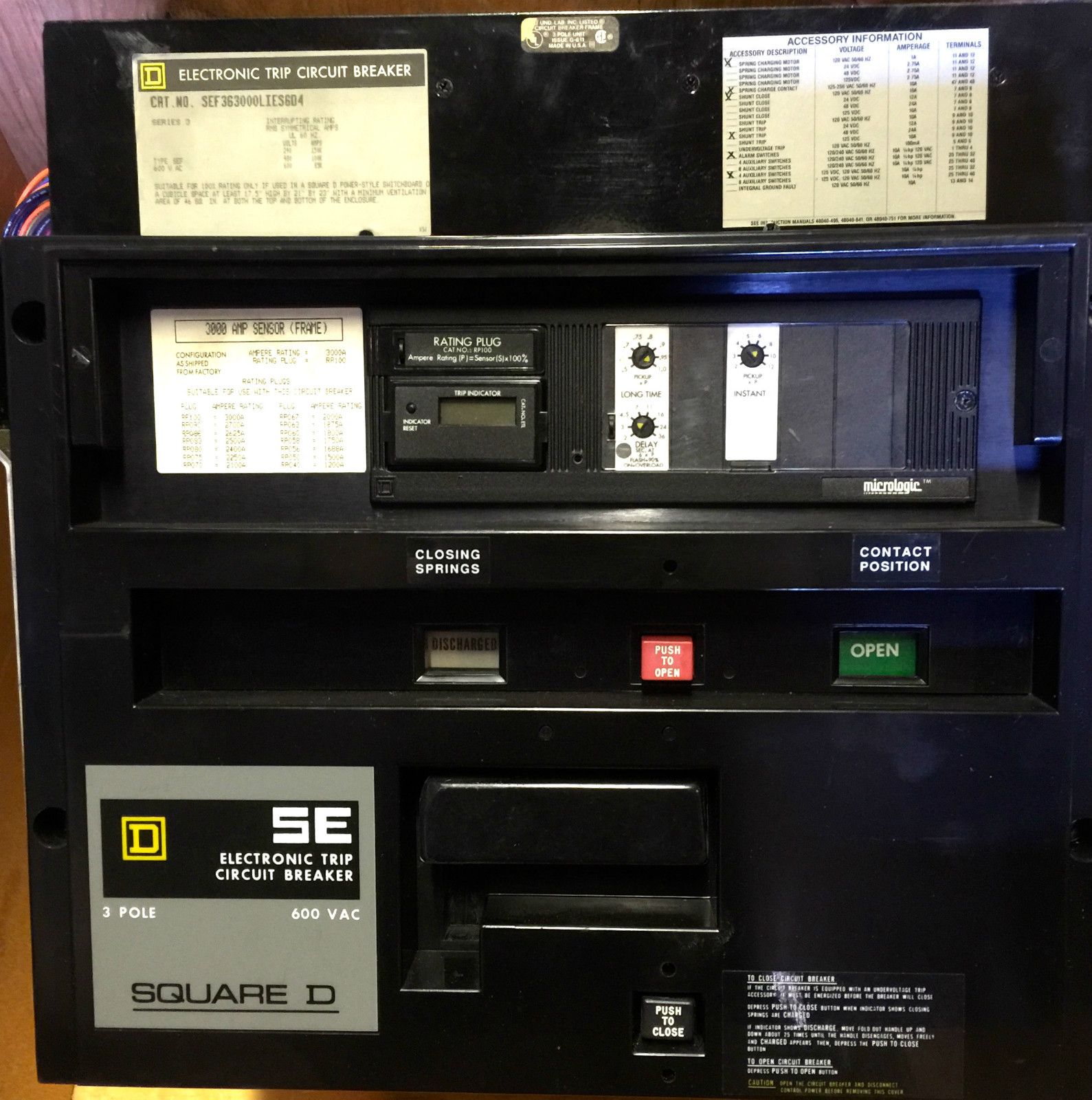 SQUARE D SEF363000LIES604 Or LSIG 3000 AMP 120V SHUNT TRIP ALARM SWITCH ...