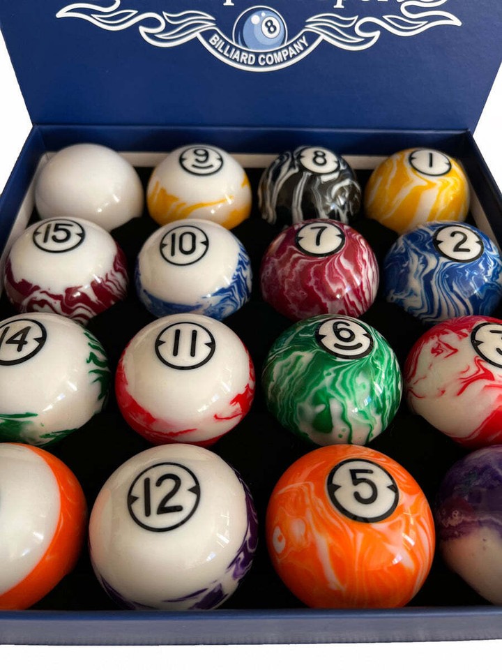 Champion Marble Pool Balls set ( Black Rimmed Marble) Complete 16 Ball ...
