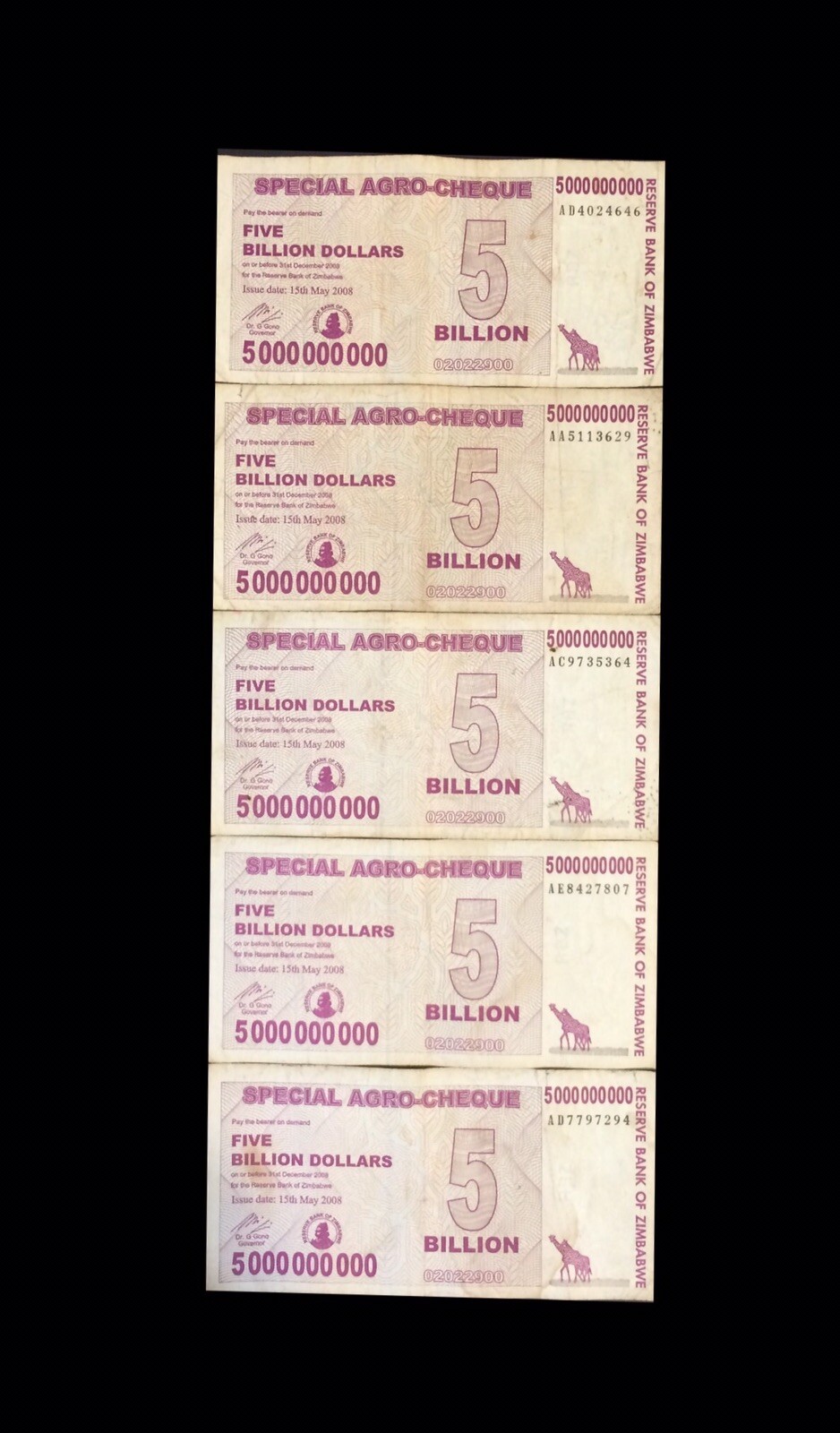 5-Note $5 Billion Dollar Zimbabwe Special Agro-Cheque (2008 Zim Banknote) CIR | eBay UK