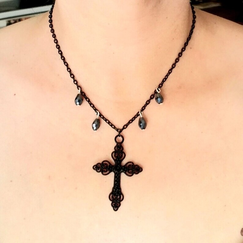Large Black Cross Necklace Black Crystal Choker Necklace Cross Choker ...