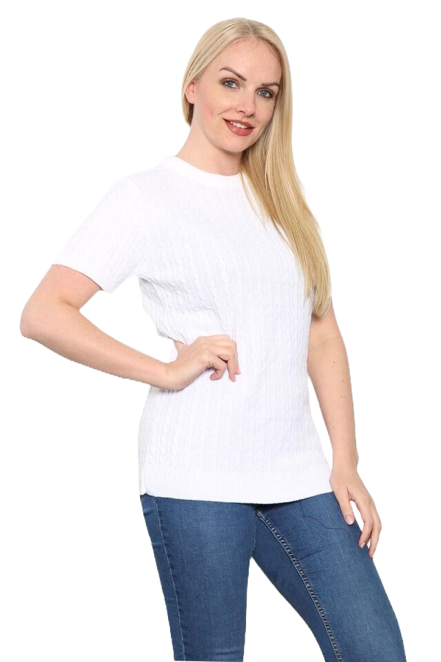 Women's Ladies Short Sleeve Crew Neck Cable Knitted Soft Warm Jumper ...