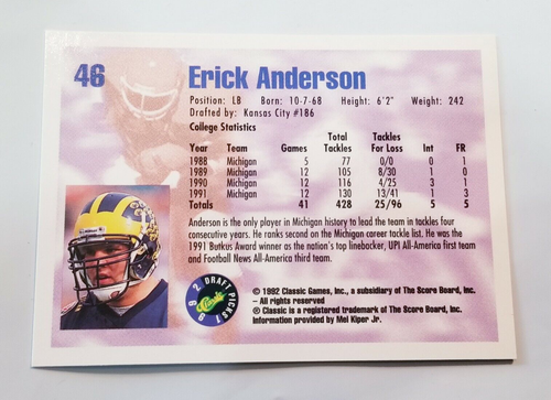 Erick Anderson 1992 Classic Draft Picks Card #46 Michigan Wolverines LB ...